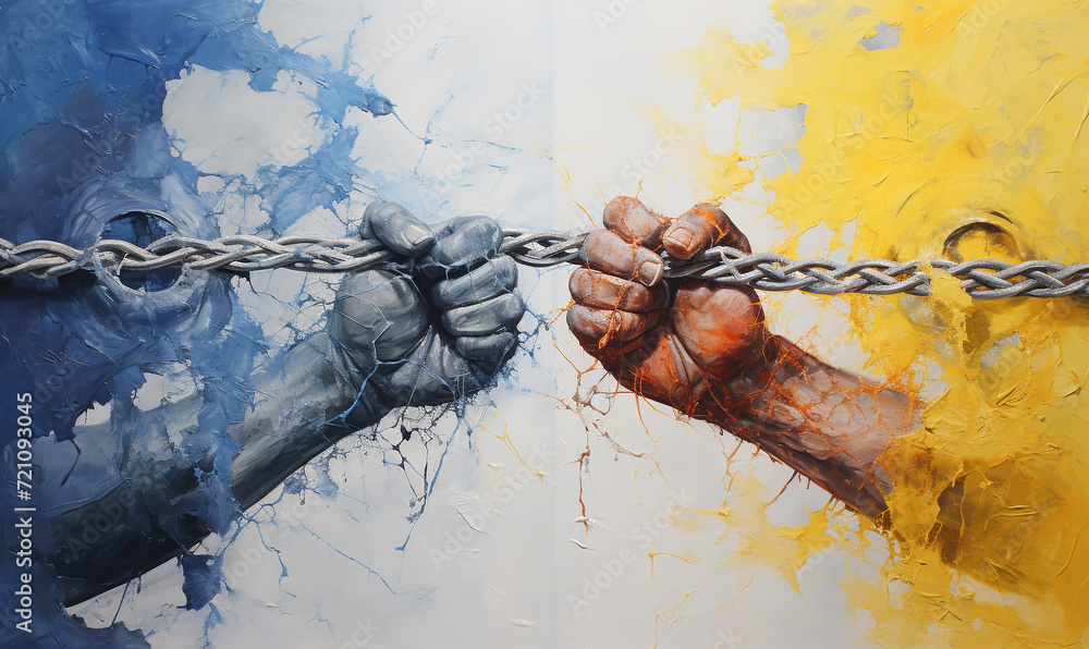 Close-up shows human hands with chains and dripping yellow and blue ...