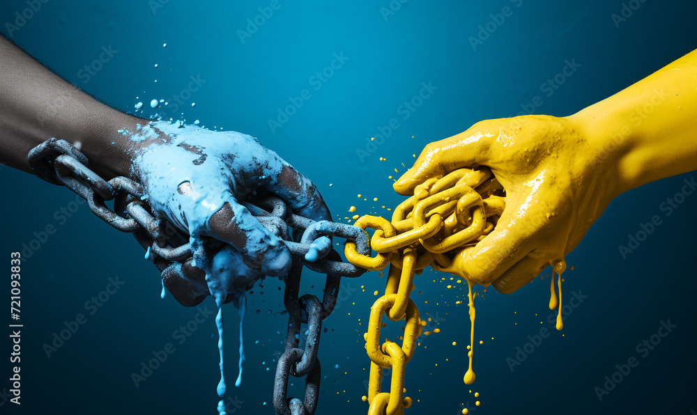 Close-up shows human hands with chains and dripping yellow and blue ...