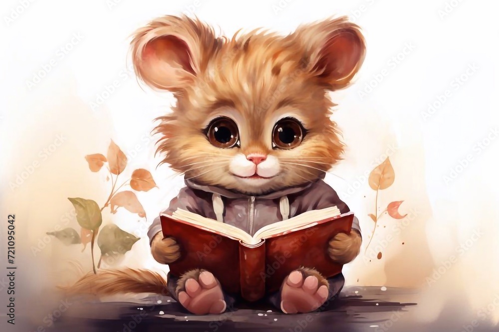 Cute baby mouse wearing glasses reading a book, young reader character ...