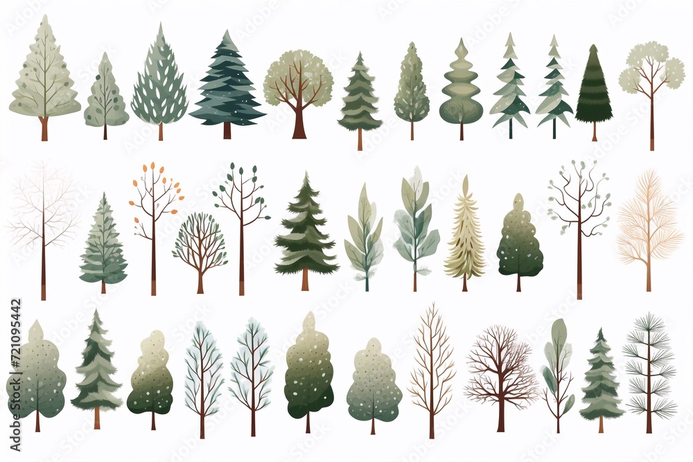cute winter trees, vector isolated illustration of trees, leaves, fir ...