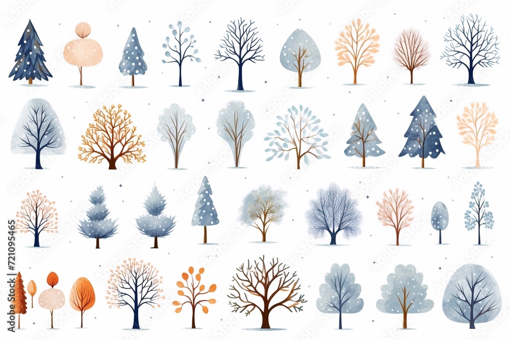 cute winter trees, vector isolated illustration of trees, leaves, fir ...