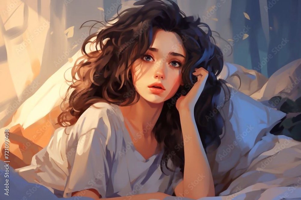 Insomnia woman. Unhappy, sad, tired girl lying in bed, trying to fall ...