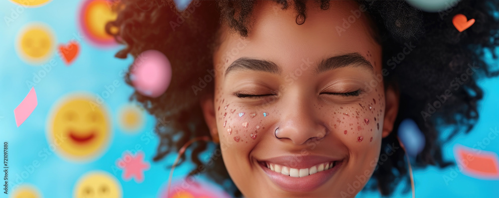 Generation Z face with a playful wink surrounded by floating emojis and ...