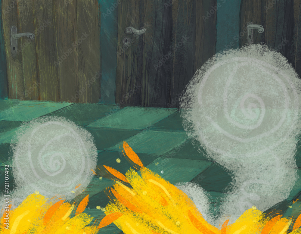 cartoon scene with fire in the hidden room of some castle like house ...