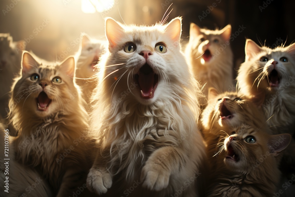 Group of funny funny cats on their hind legs with open mouths singing ...