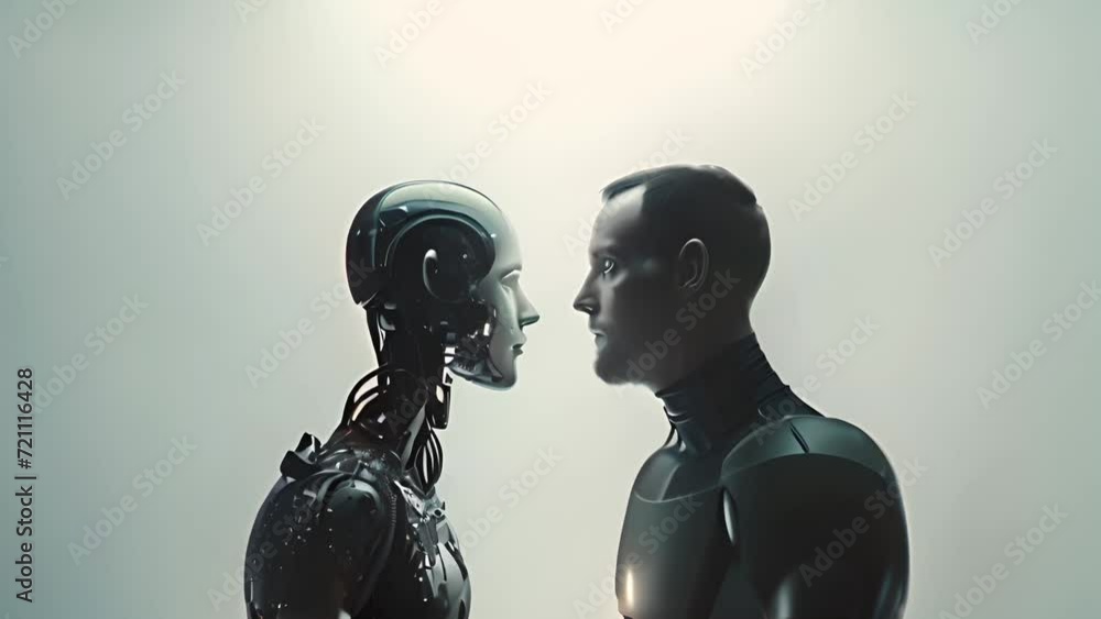 Side view of man in front of a robot humanoid with red eyes. Coexisting ...