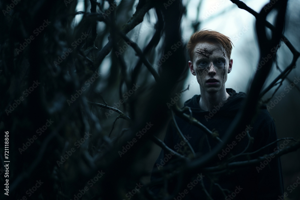 smile happy girl or man with dark forest exudes an unsettling and ...