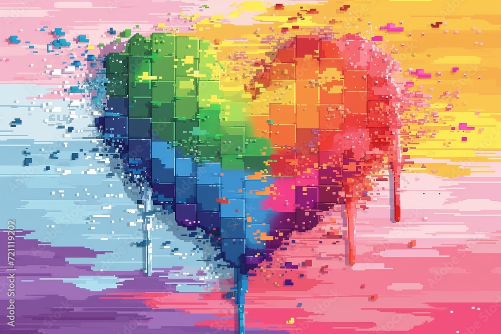 A pixel art representation of a rainbow heart being pieced together ...