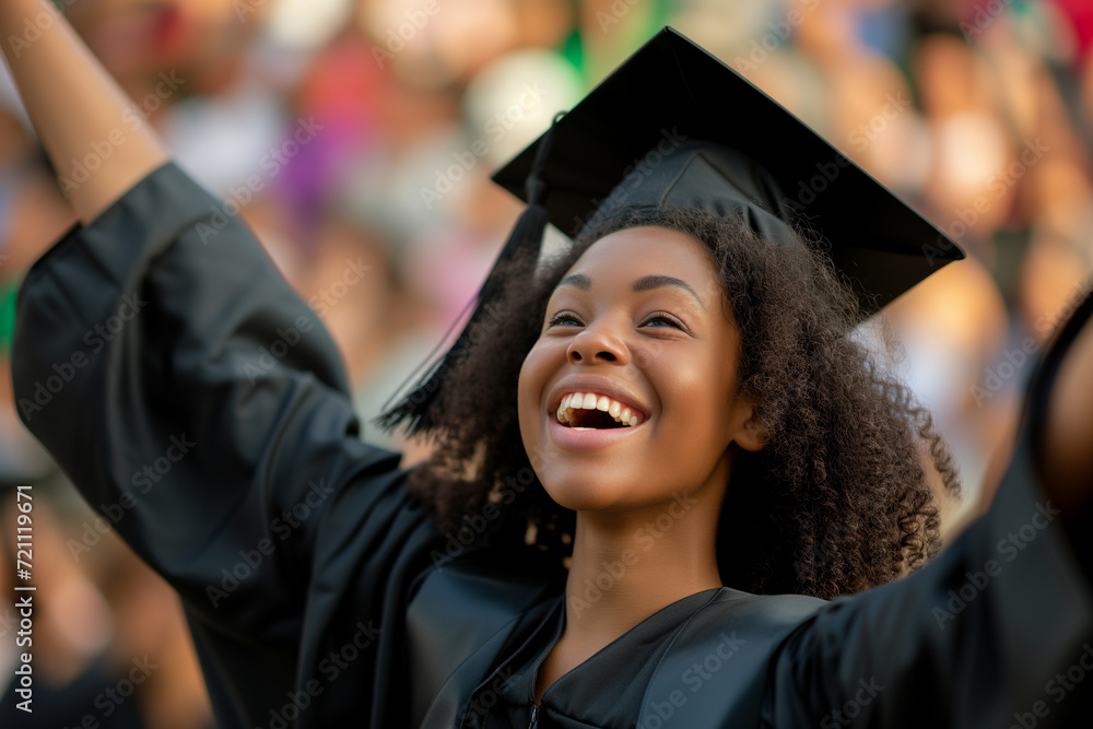 Young happy African American woman graduating from or university. Close up photography of a ...
