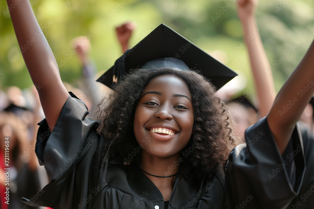 Young happy African American woman graduating from or university. Close ...