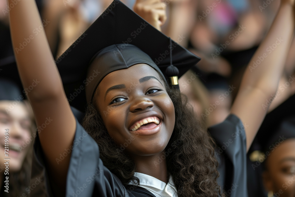 Young happy African American woman graduating from or university. Close up photography of a ...