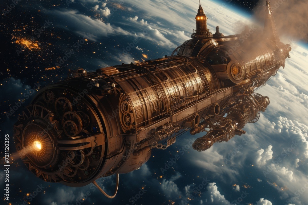 A steampunk-inspired spacecraft with gears and steam, orbiting an ...