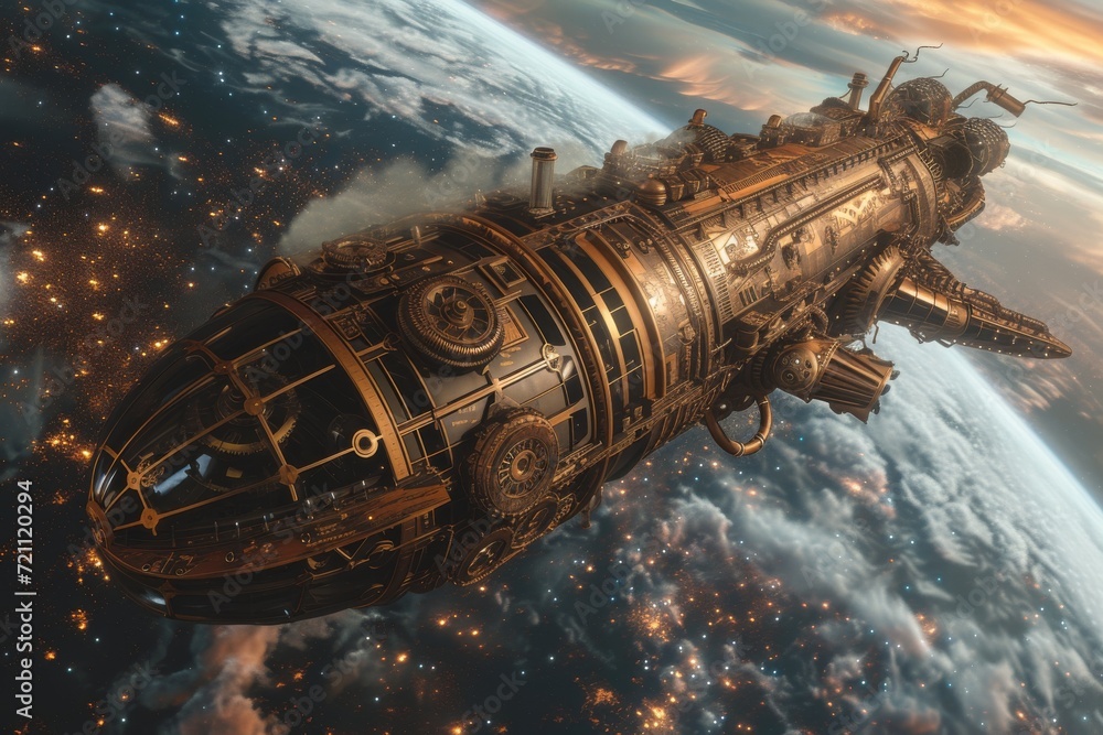 A steampunk-inspired spacecraft with gears and steam, orbiting an ...