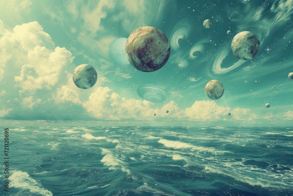 Surrealism. A dreamlike scene where planets and stars are floating ...