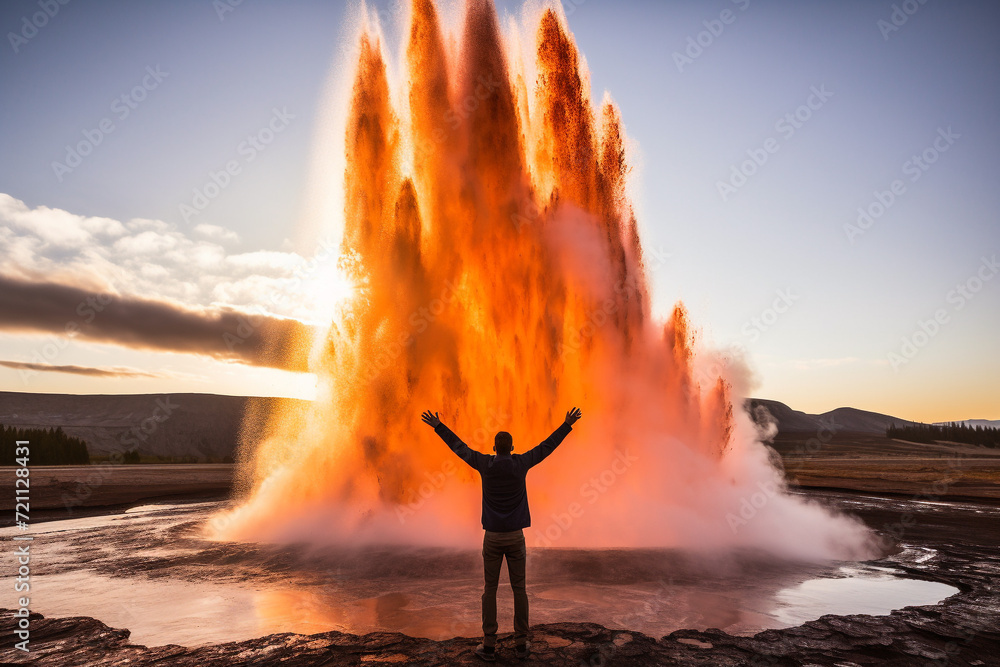 Fotka „smile happy girl or man with eruption of a geyser in Iceland ...