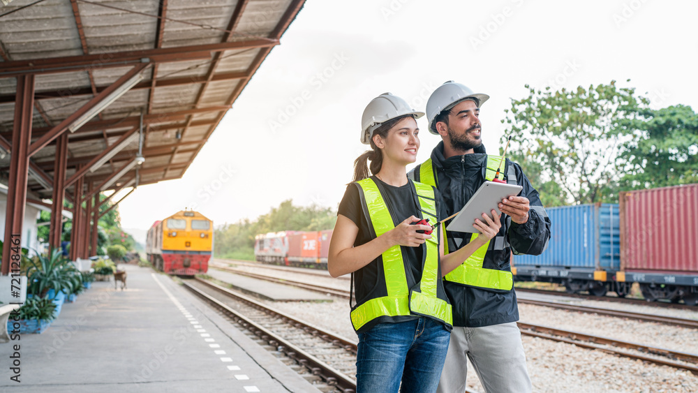Team of engineer railway wearing safety uniform and helmet under ...