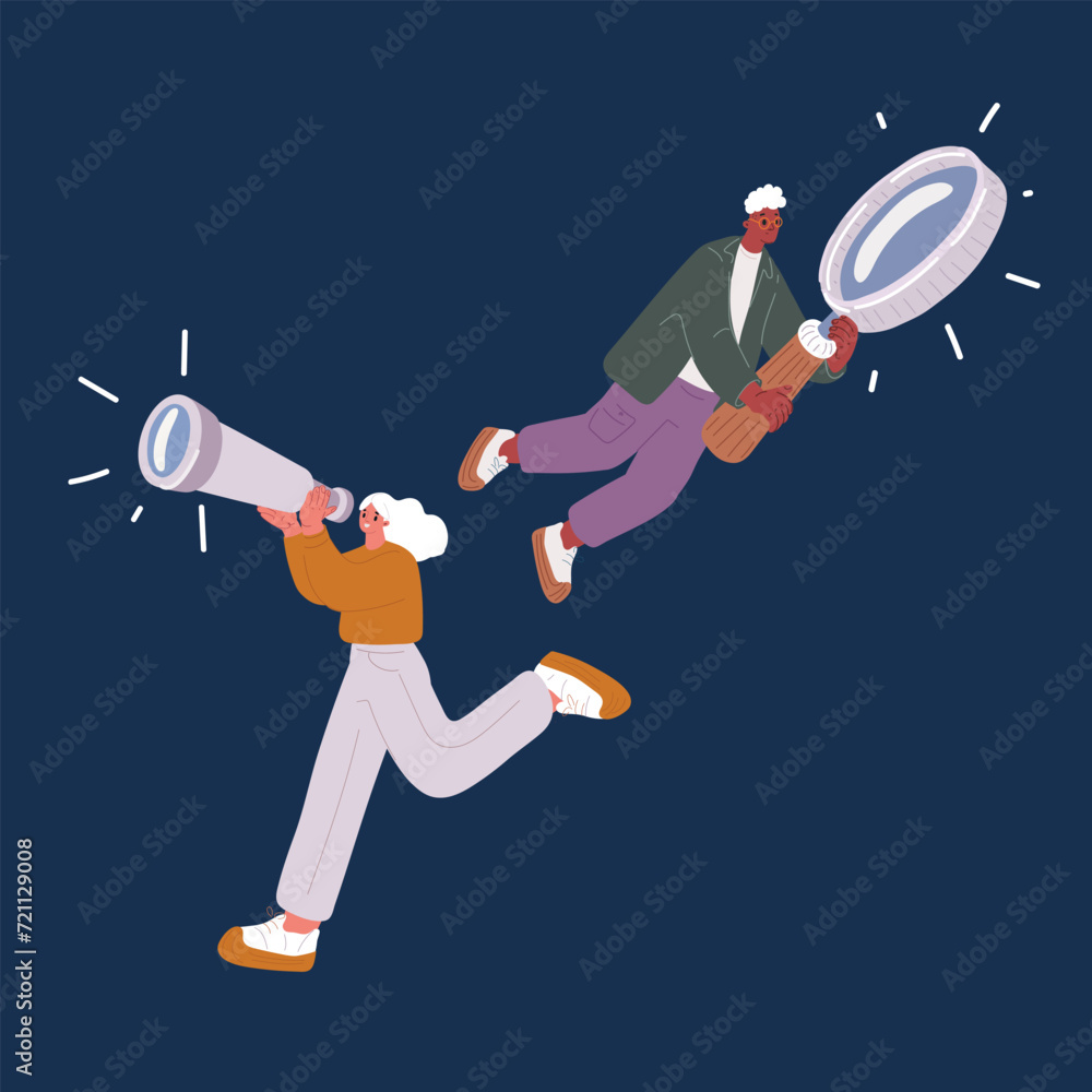 Cartoon vector illustration of woman and man holding magnifying glass ...