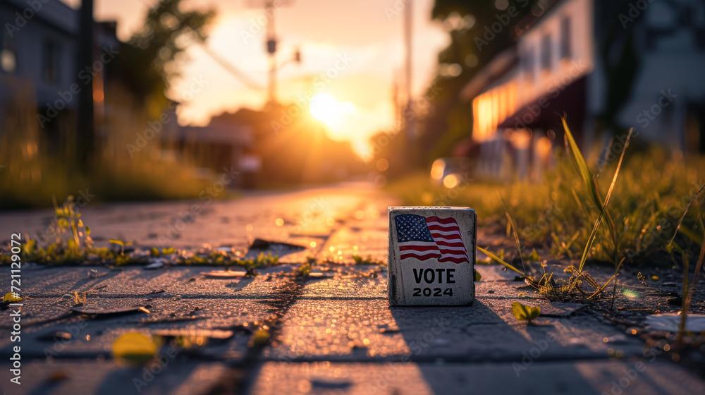 Wooden blocks with the word "VOTE 2024" on an American flag backdrop ...