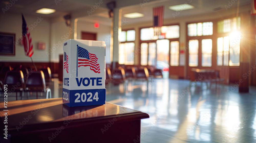 A 'Vote 2024' placard stands prominently on a desk in a well-lit, empty ...