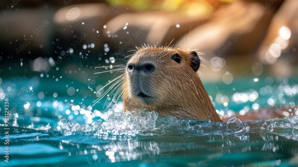 Cute Capybara swims in the pool against the backdrop of the summer ...