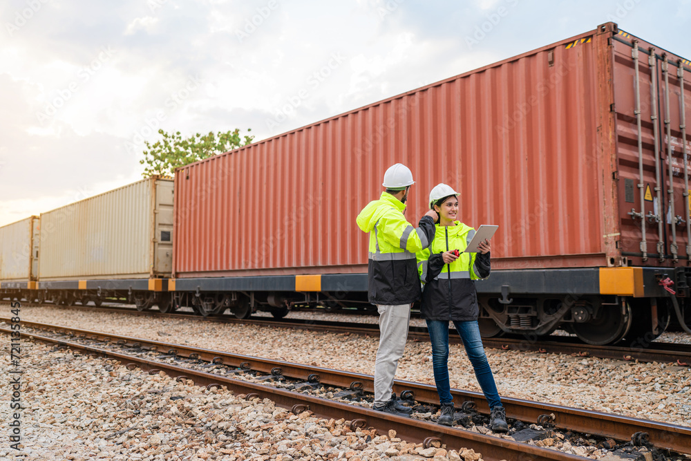 Team of engineer railway wearing safety uniform and helmet under ...