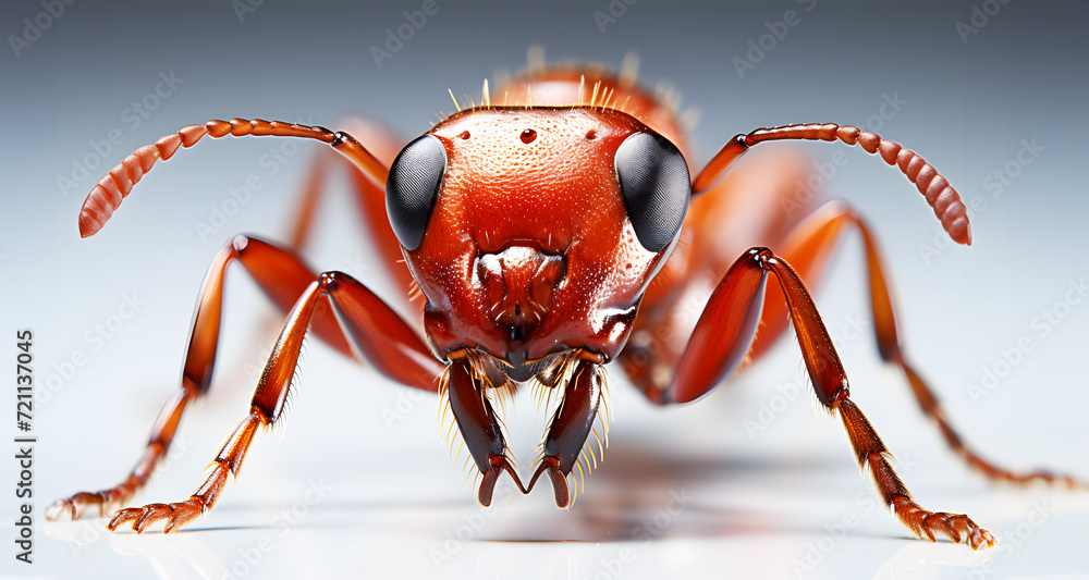 Head and eye of red ants are looking for food on white background ...