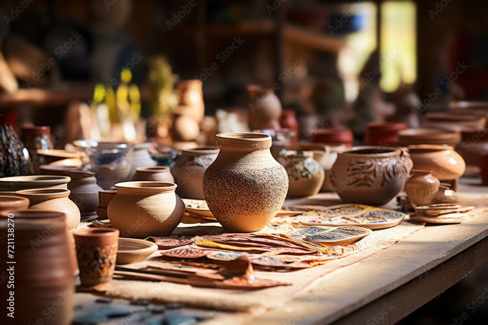 A traditional pottery workshop with various ceramic pieces, showcasing ...