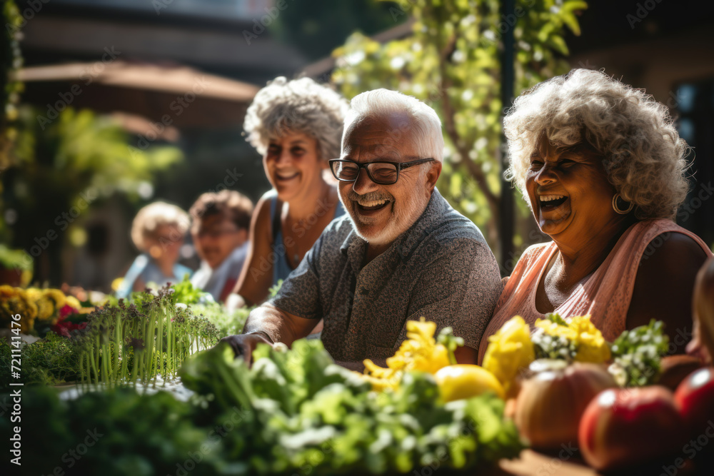 On a sun-drenched patio, a group of diverse seniors engages in a lively ...