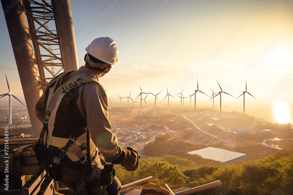 engineer wearing safety gear working at top of wind turbine.Maintenance ...