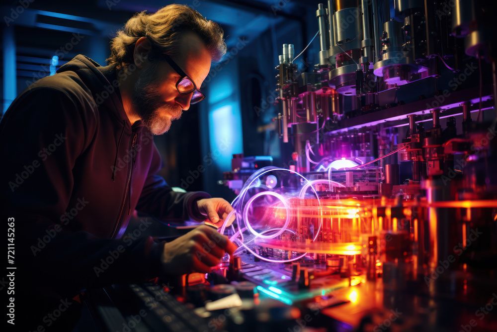 A scientist observes a laser beam splitting into a spectrum of colors ...