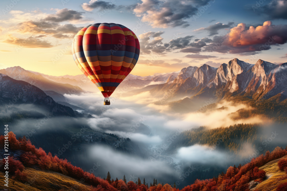 A hot air balloon rises above a mist-covered valley, providing ...