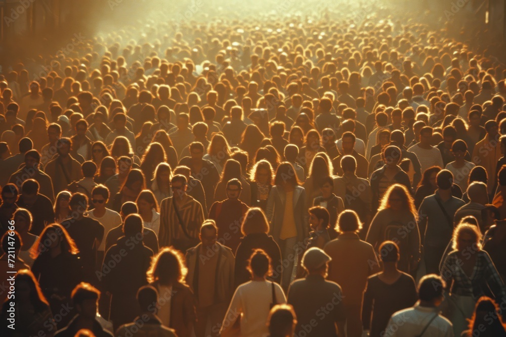 very large crowd of people walking around, in the style of commercial ...