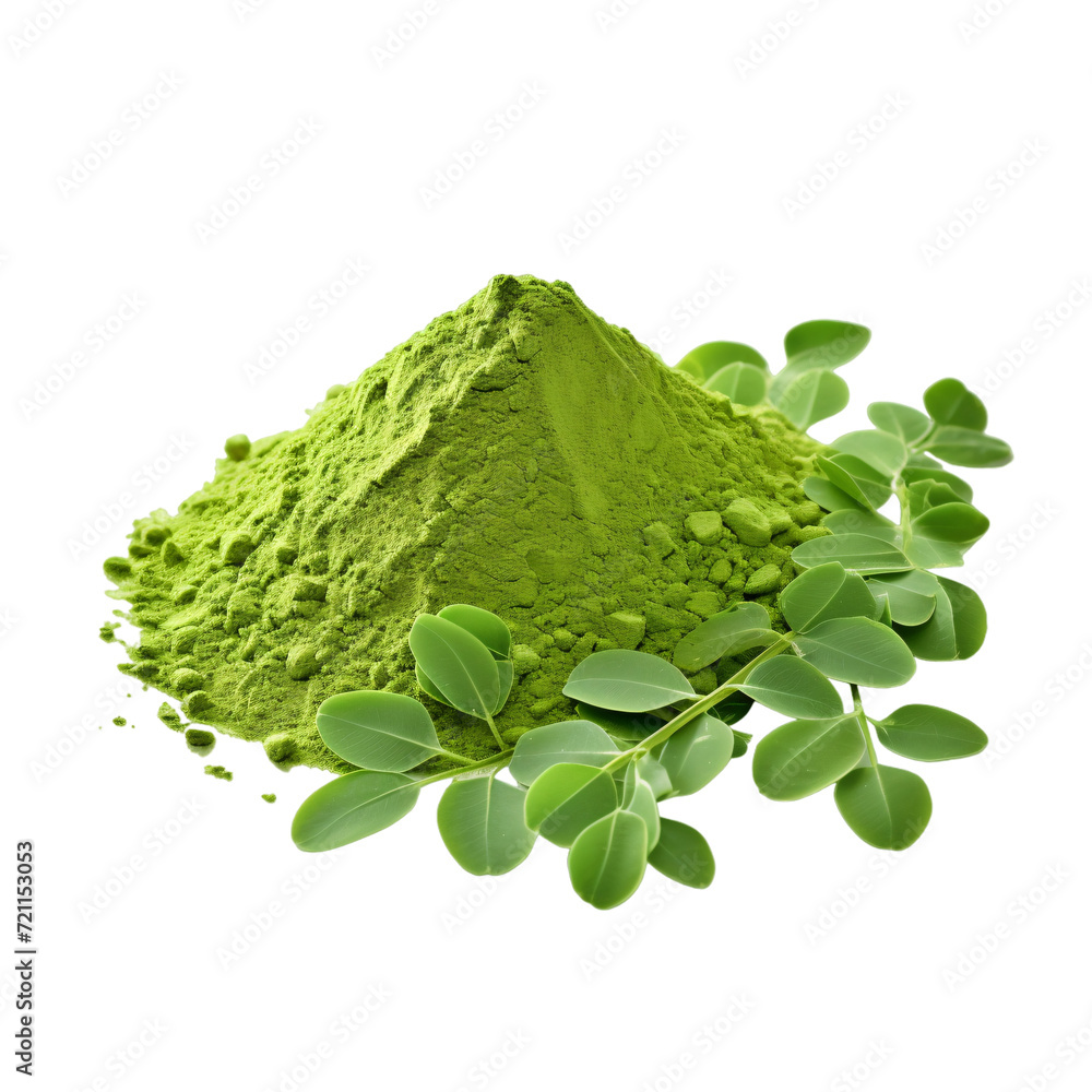 freshly ground moringa powder pile isolated on a white or transparent ...