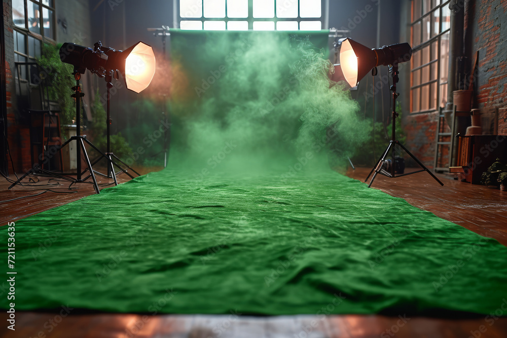 A photography studio setup with green color gels, producing a natural ...