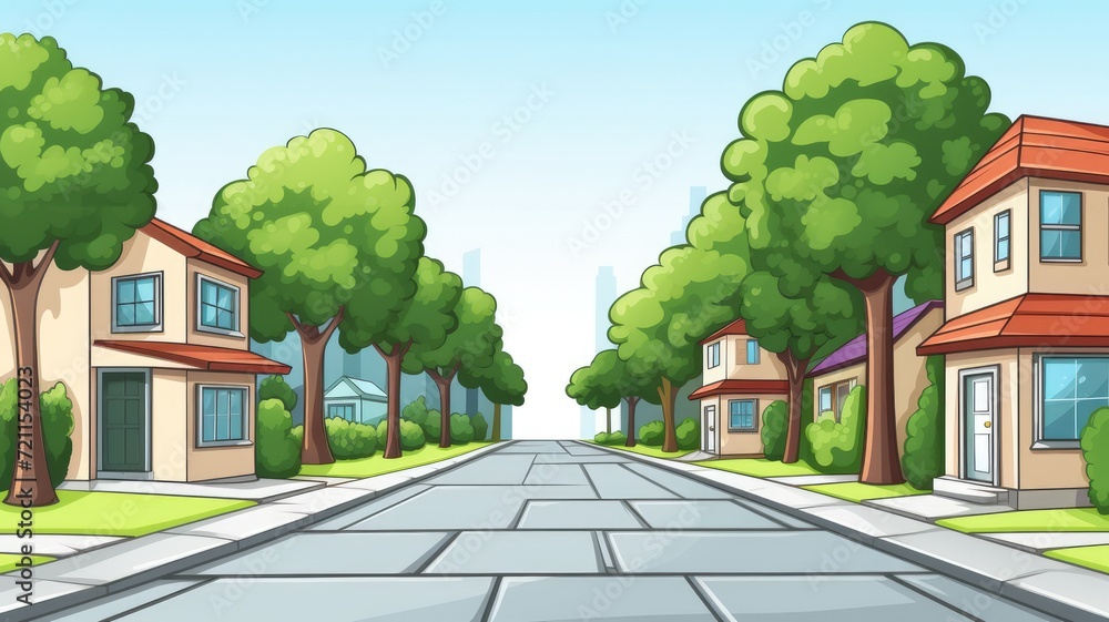 cartoon illustration A street of houses with green trees and a road in ...