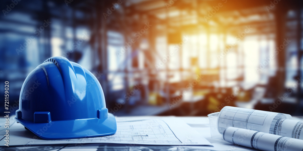 Construction safety helmet and civil engineering plans spread out on ...