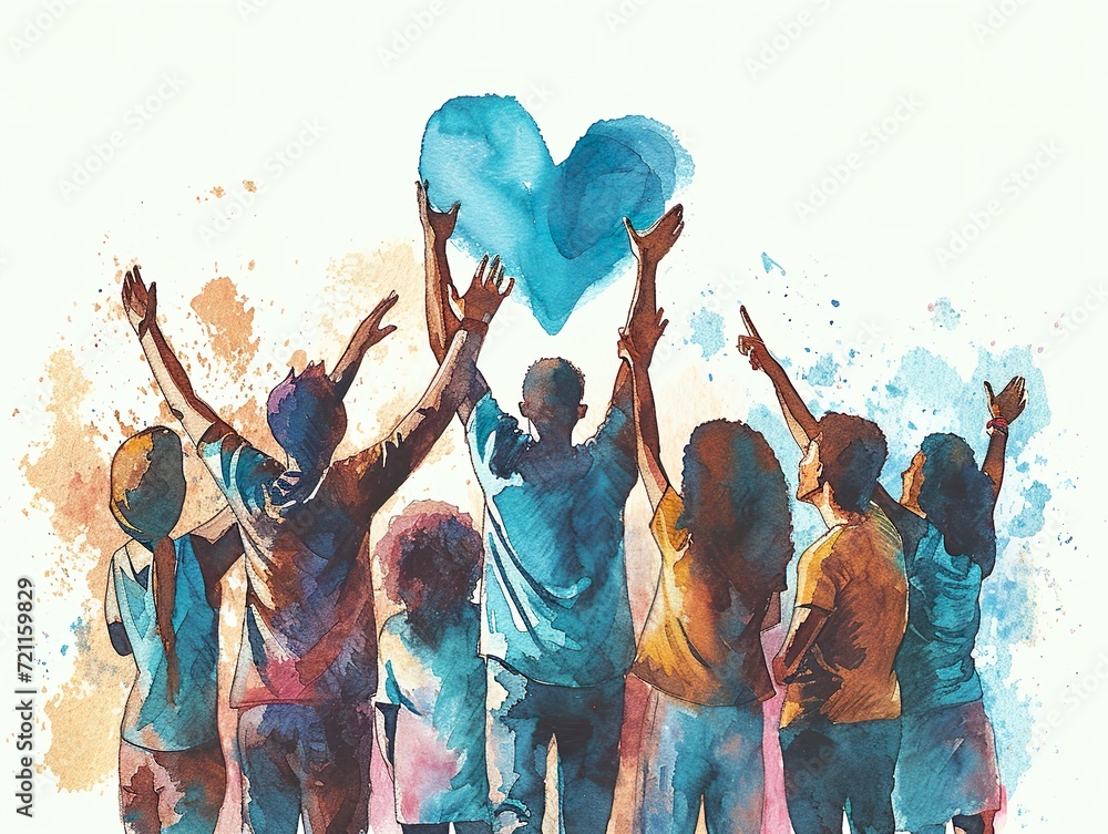 Group of multicultural people with arms and hands raised towards a hand ...