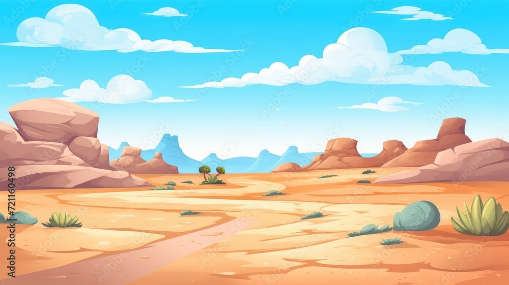 cartoon desert background for a game, featuring sandy terrain, scattered rocks, cacti, and ...