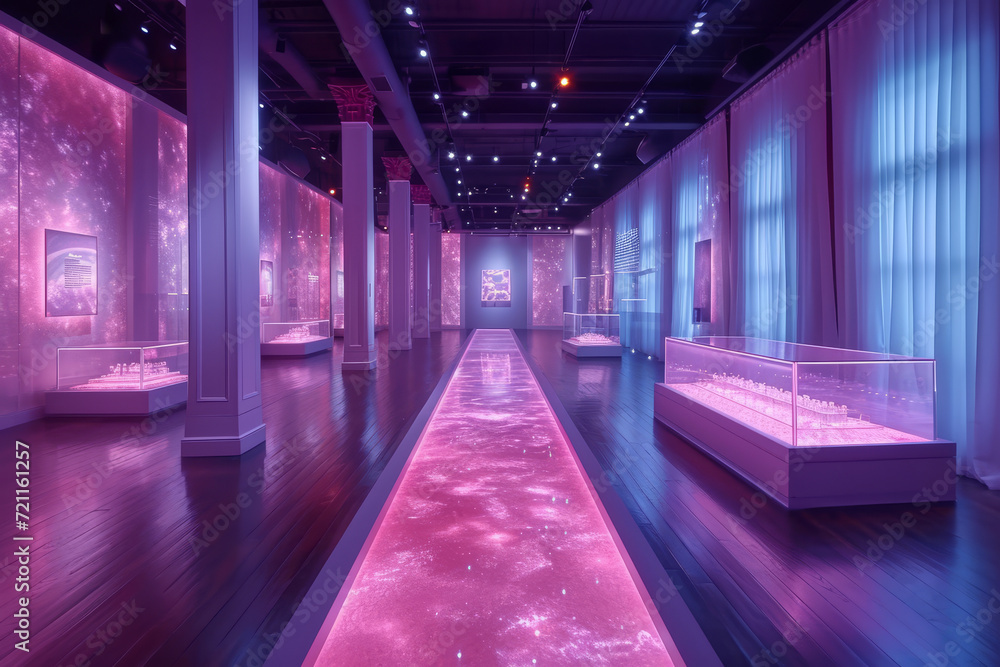 A museum exhibit lit with violet gels, accentuating the features of the ...
