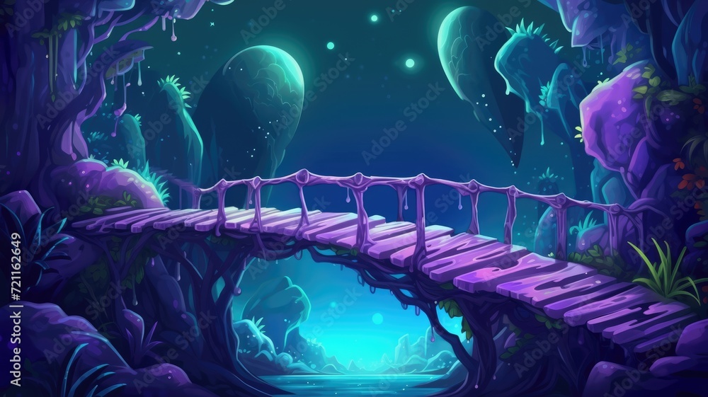 cartoon illustration Fantasy background with log bridge above precipice ...