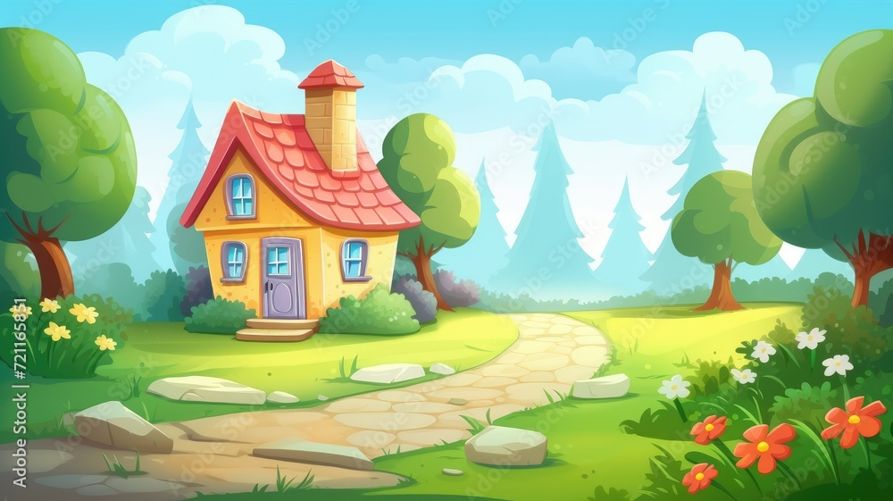 cartoon illustration of a cozy cottage nestled between large, magical ...