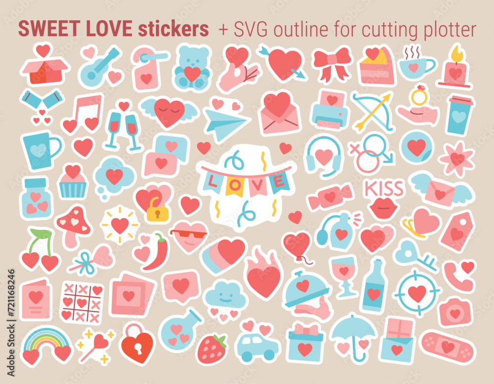 Sweet love sticker pack for Valentines Day with contour for cutting ...