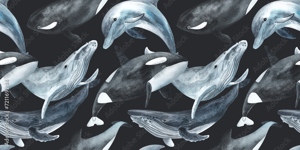 Whales seamless pattern. Repeating texture with marine mammals ...