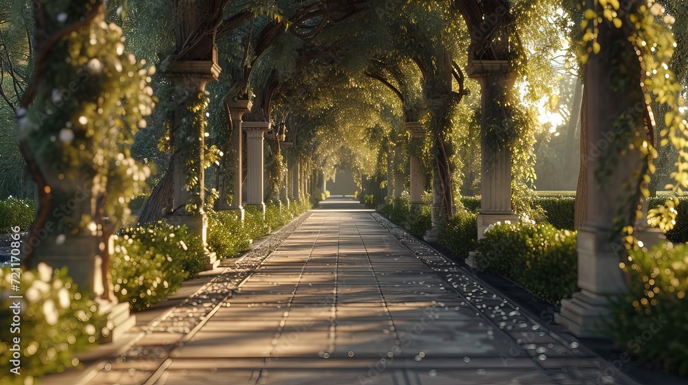 The golden hour casts a magical glow on a classical garden pergola ...
