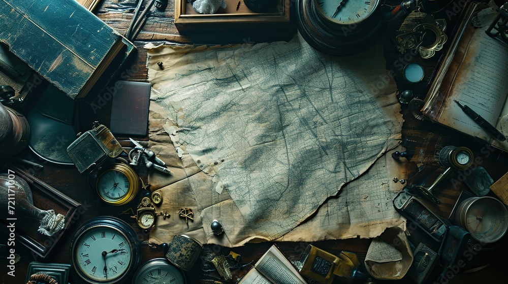 Top-down view of a vintage exploration desk with a tattered map ...