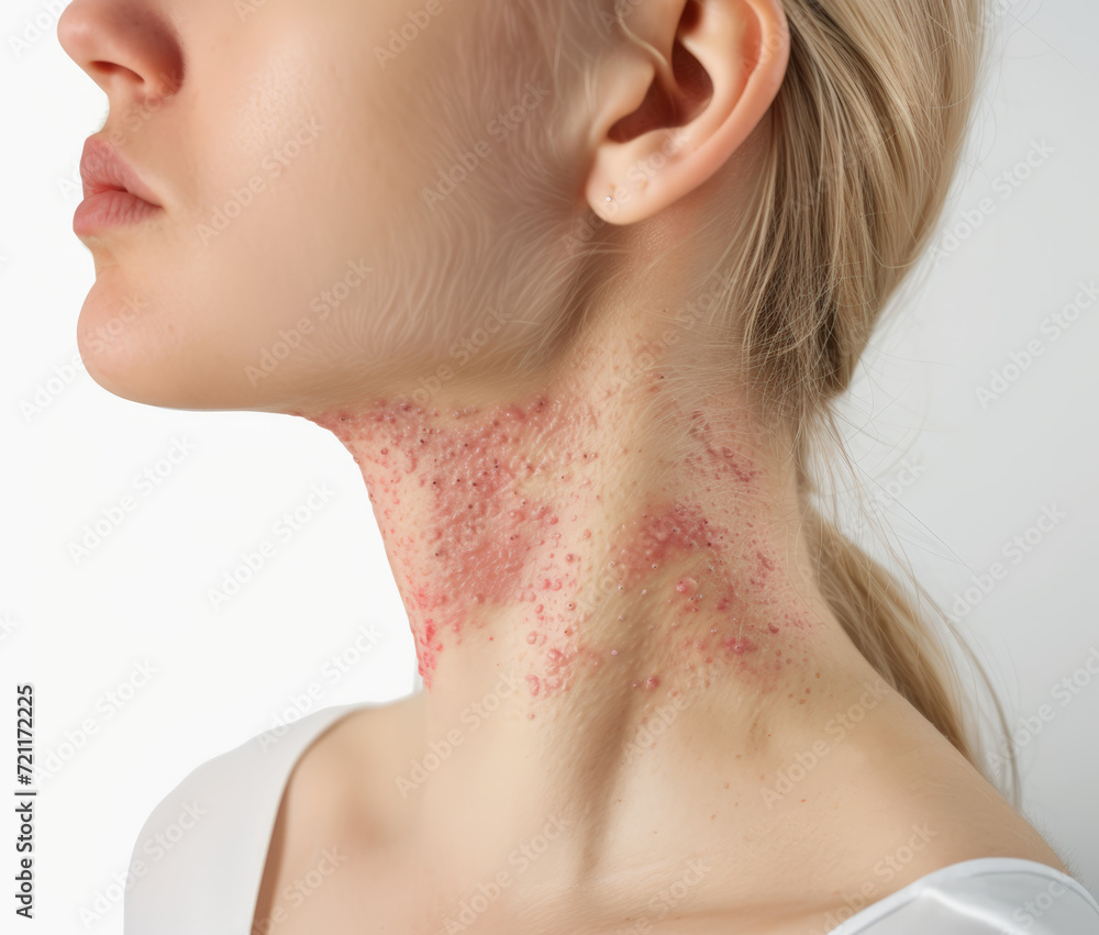 femme ayant une maladie de peau avec éruptions cutané sur le cou Stock ...
