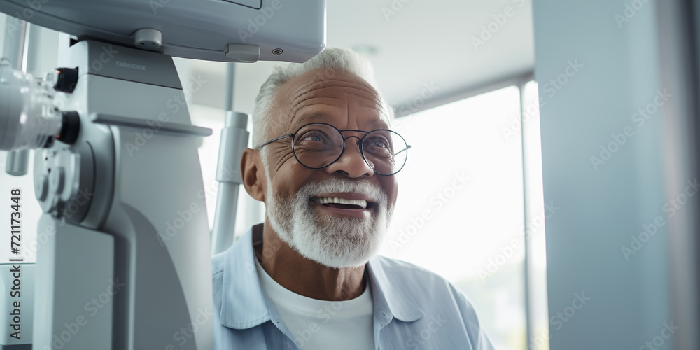 Afro American senior man visiting the ophthalmologist for an eye exam ...