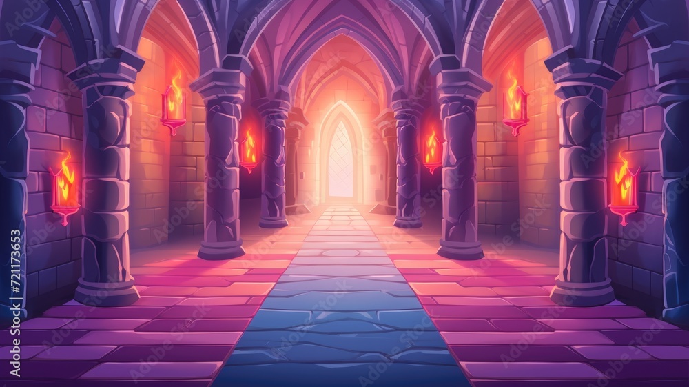 cartoon illustration Long medieval castle corridor with torches ...