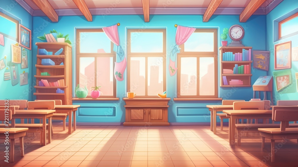 cartoon illustration Magic school, classroom interior with wooden desks ...