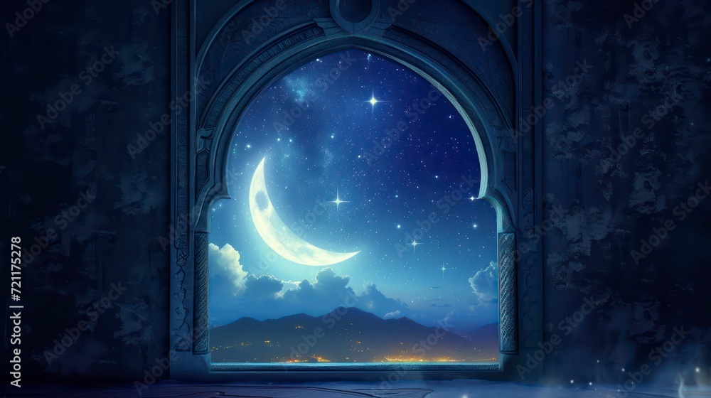 Mystical window with crescent moon in night sky. Generative AI Stock ...